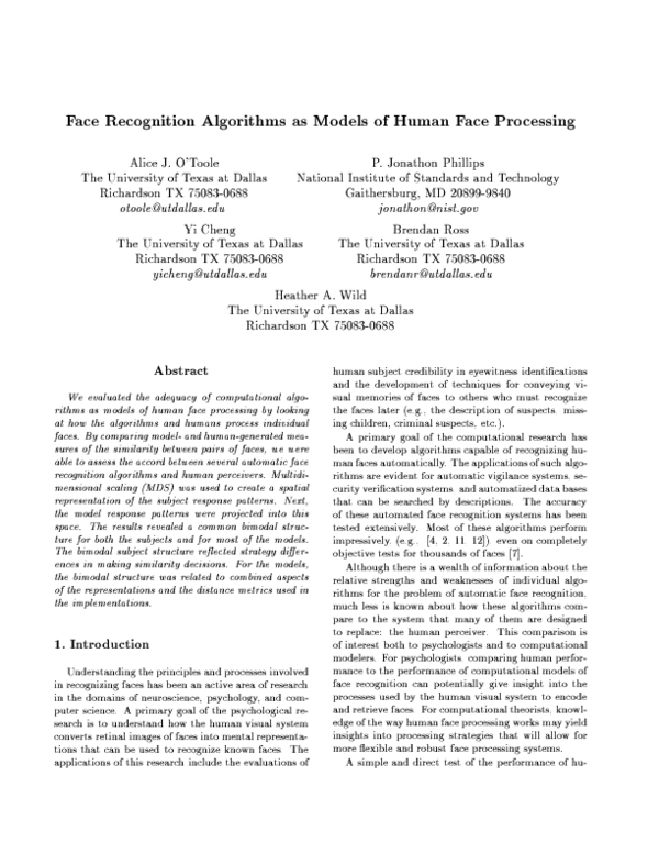 (PDF) Face recognition algorithms as models of human face processing