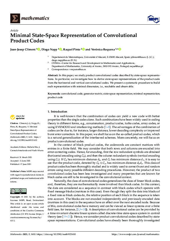Pdf Minimal State Space Representation Of Convolutional Product Codes