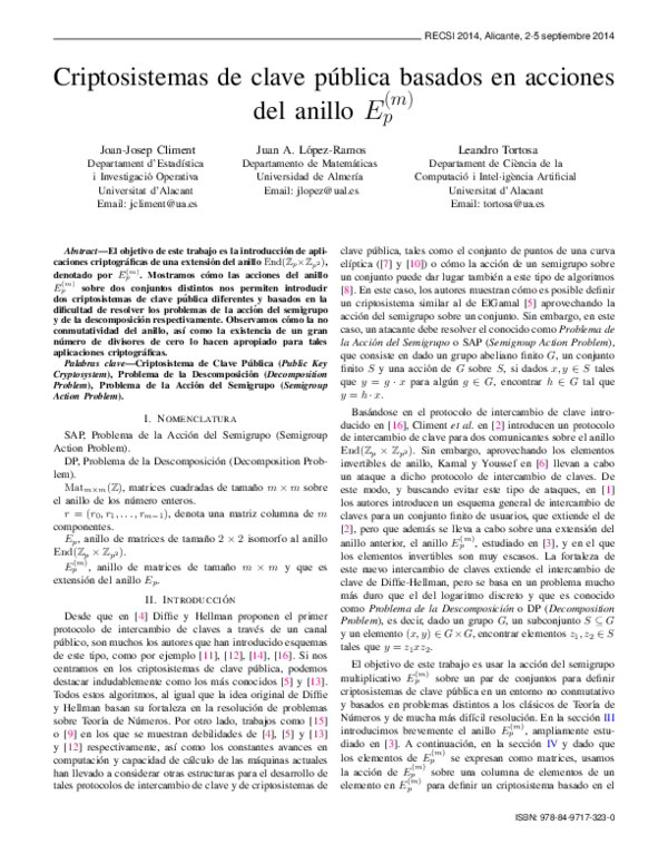 (PDF) Criptosistemas de clave pública basados en acciones del anillo Ep(m)