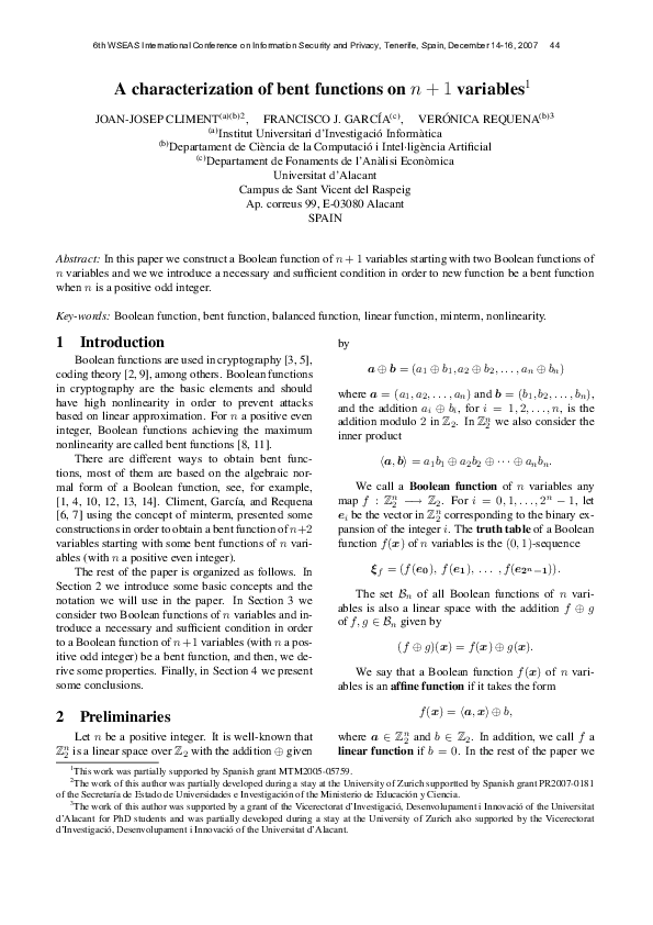 (PDF) A characterization of bent functions on n + 1 variables