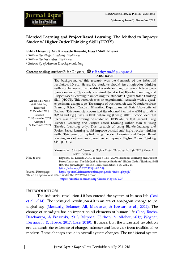 (PDF) Blended Learning and Project Based Learning: The Method to ...