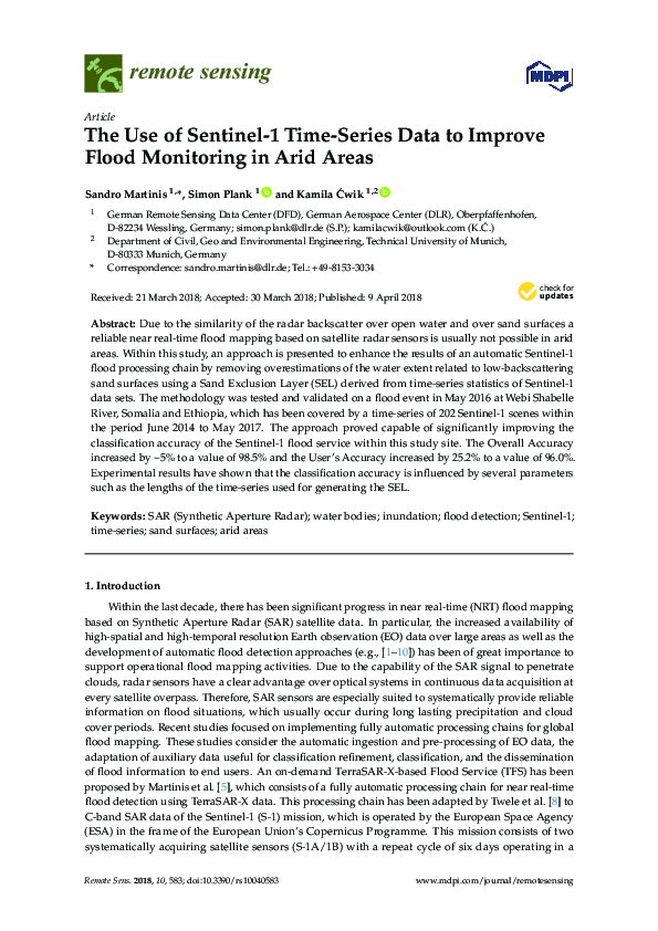 Pdf The Use Of Sentinel 1 Time Series Data To Improve Flood Monitoring In Arid Areas Simon