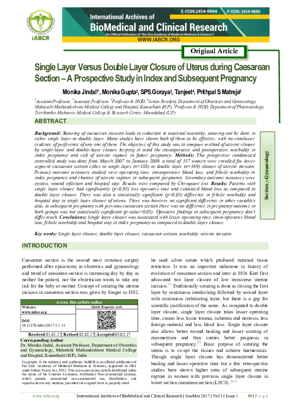 Pdf Single Layer Versus Double Layer Closure Of Uterus During Caesarean Section A