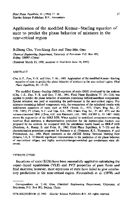 (PDF) Application of the modified Kumar-Starling equation of state to ...