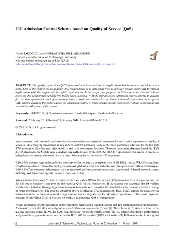 (PDF) Call Admission Control Scheme based on Quality of Service (QoS) | Lamia chaari - Academia.edu