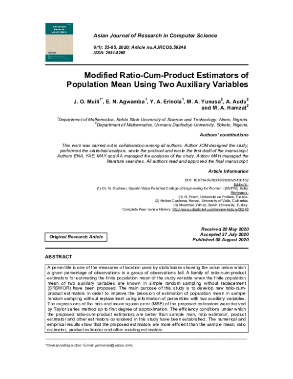 Pdf Modified Ratio Cum Product Estimators Of Population Mean Using