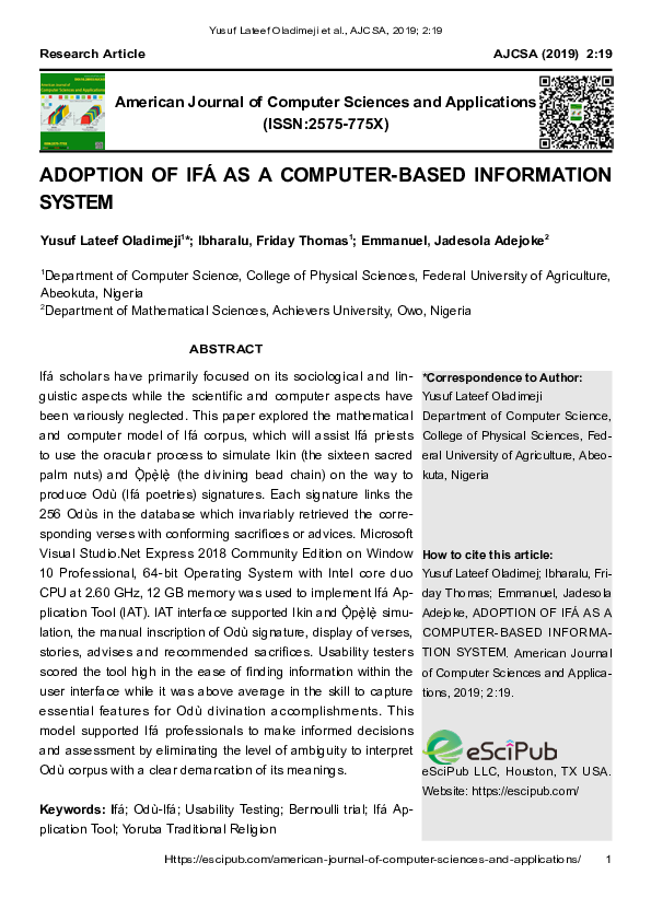 (PDF) Adoption of Ifá as a Computer-Based Information System