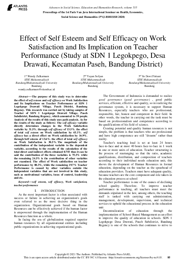 (PDF) Effect of Self Esteem and Self Efficacy on Work Satisfaction and ...