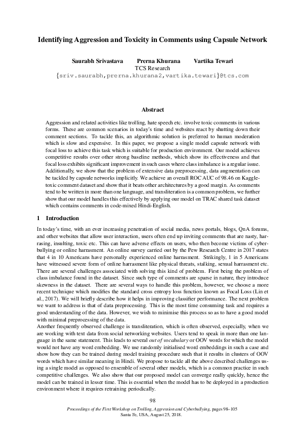 Pdf Identifying Aggression And Toxicity In Comments Using Capsule Network