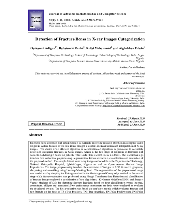 Pdf Detection Of Fracture Bones In X Ray Images Categorization