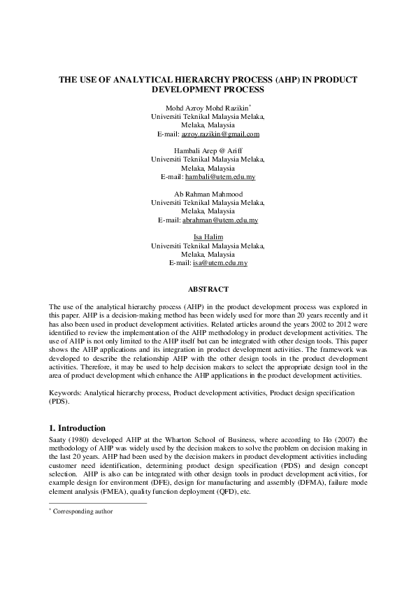 Pdf The Use Of Analytical Hierarchy Process Ahp In Product Development Process Isa Halim