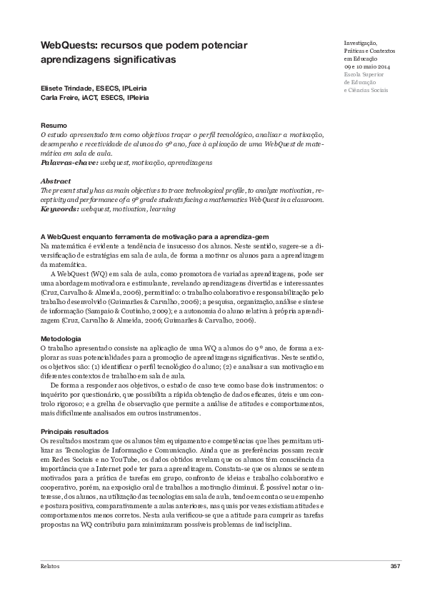 (PDF) WebQuests : recursos que podem potenciar aprendizagens significativas