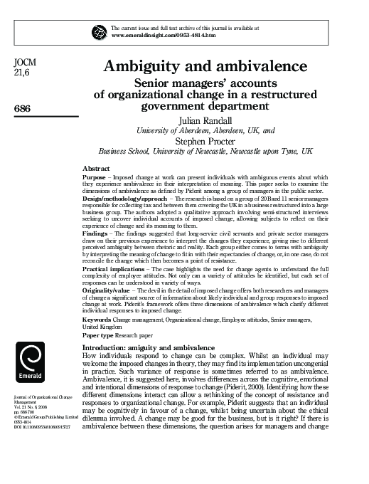 (PDF) Ambiguity and ambivalence: Senior managers' accounts of organizational change in a ...