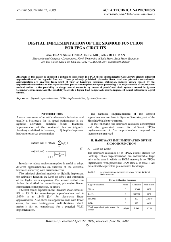 Digital Implementation Of The Sigmoid Function For Fpga Circuits