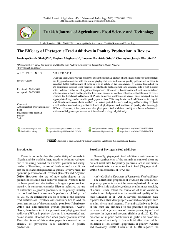 (PDF) The Efficacy of Phytogenic Feed Additives in Poultry Production: A Review