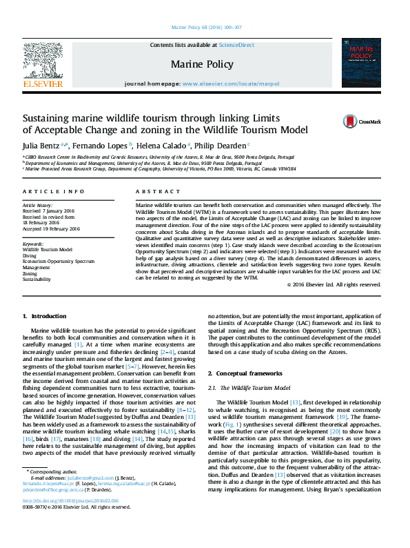 (PDF) Sustaining marine wildlife tourism through linking Limits of ...