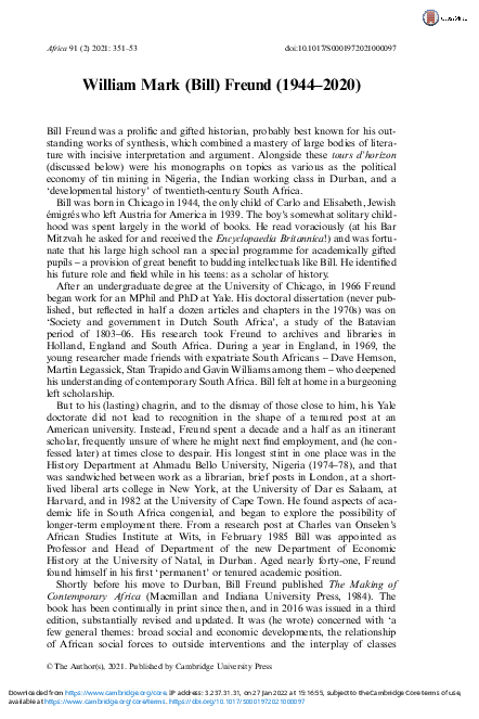 (PDF) William Mark (Bill) Freund (1944–2020)