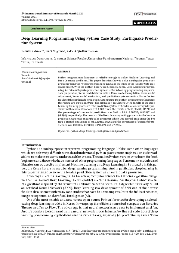 (PDF) Deep Learning Programming Using Python Case Study: Earthquake ...