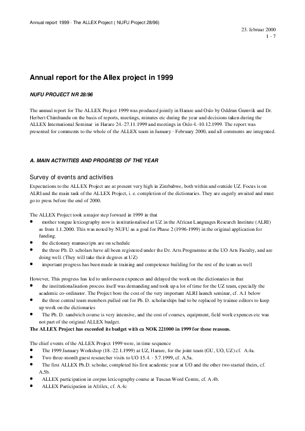 (PDF) Annual report for the Allex project in 1998