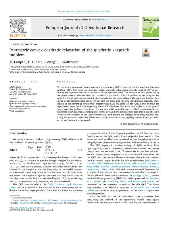 (PDF) Parametric Convex Quadratic Relaxation of the Quadratic Knapsack ...