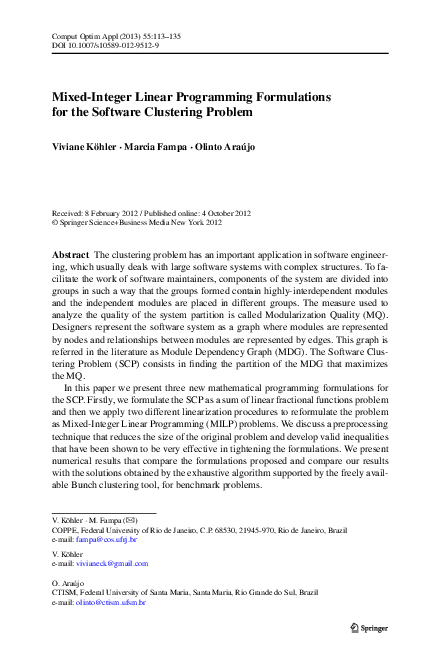 (PDF) Mixed-Integer Linear Programming Formulations for the Software Clustering Problem
