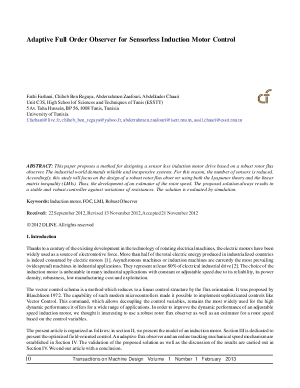 Pdf Adaptive Full Order Observer For Sensorless Induction Motor Control