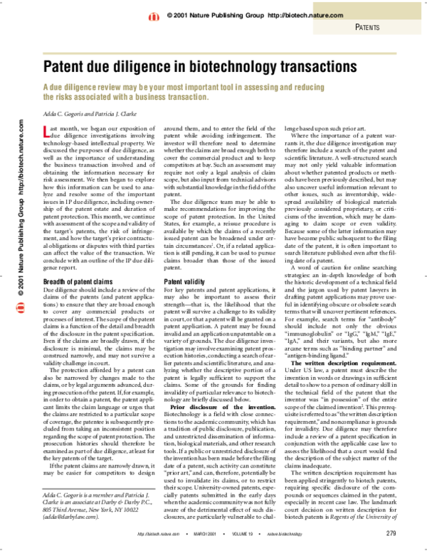 (PDF) Patent due diligence in biotechnology transactions | Adda Gogoris ...