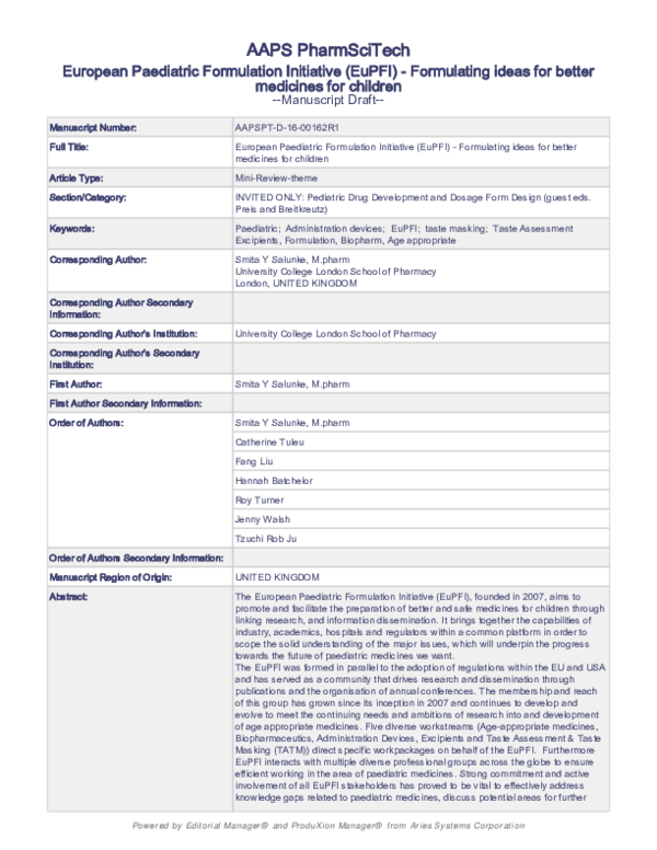 (PDF) European Paediatric Formulation Initiative (EuPFI)—Formulating ...