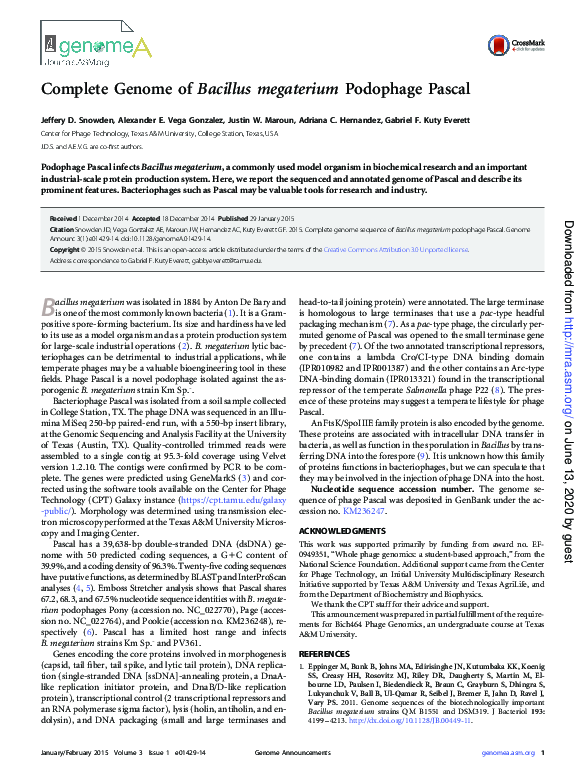 (PDF) Complete Genome of Bacillus megaterium Podophage Pascal