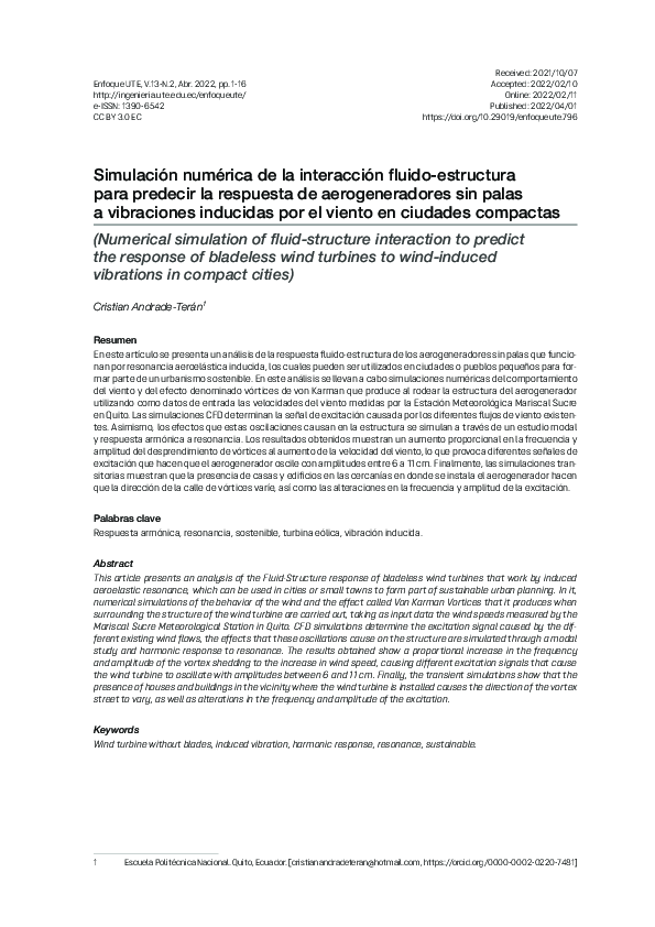 Pdf Numerical Simulation Of Fluid Structure Interaction To Predict The Response Of Bladeless