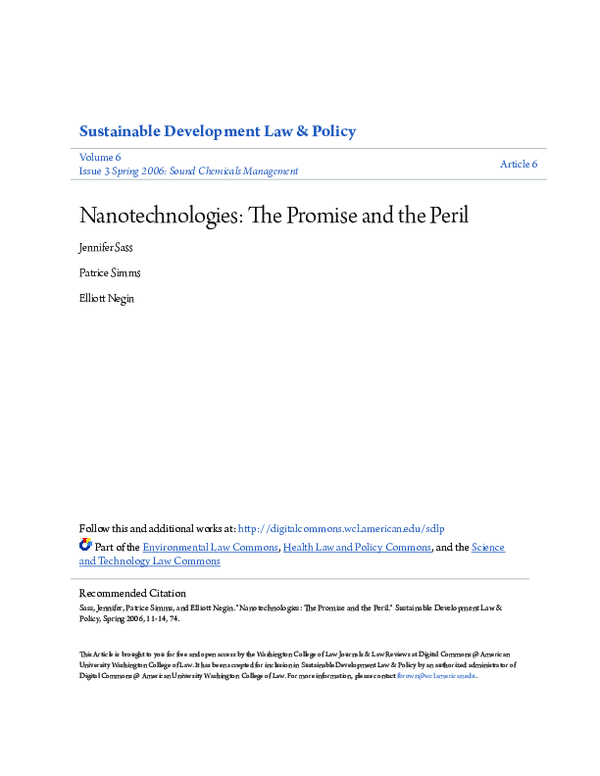 (PDF) Nanotechnologies: The Promise and the Peril | Jennifer Sass ...