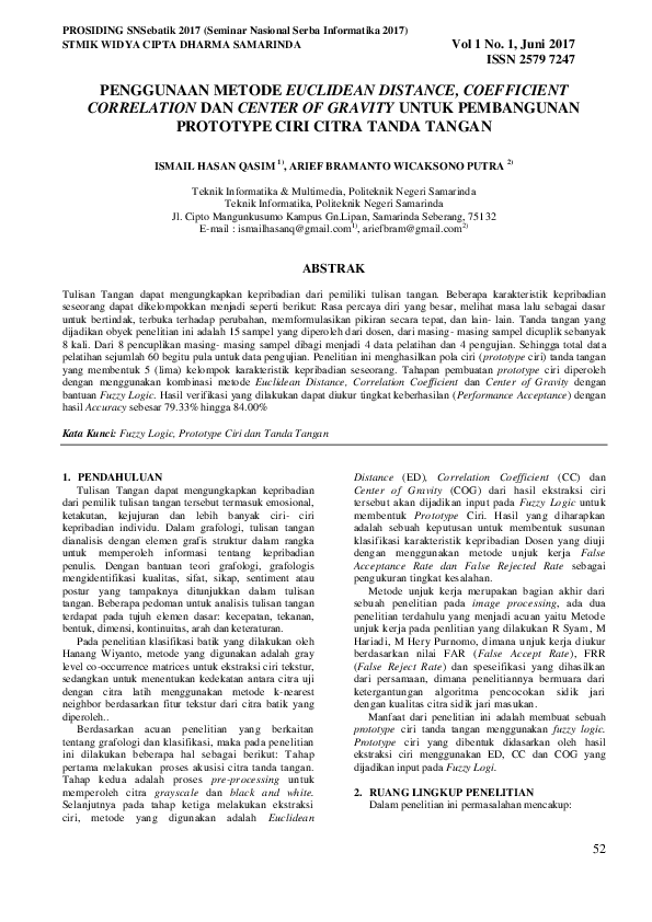 (PDF) Penggunaan Metode Euclidean Distance, Coefficient Correlation Dan Center of Gravity Untuk ...