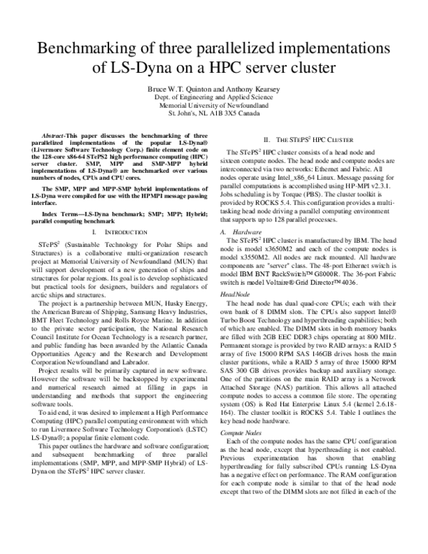(PDF) Benchmarking of three parallelized implementations of LS-Dyna on a HPC server cluster