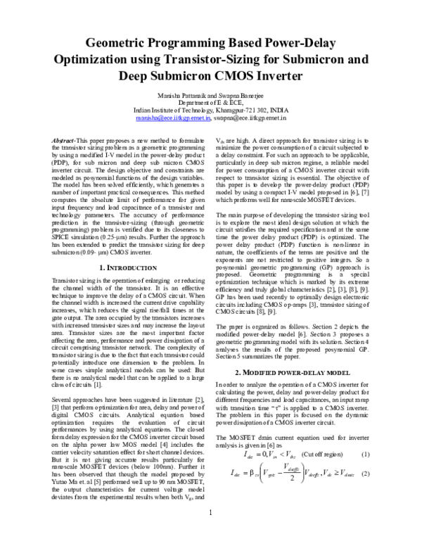 Pdf Geometric Programming Based Power Delay Optimization Using Transistor Sizing For Submicron 