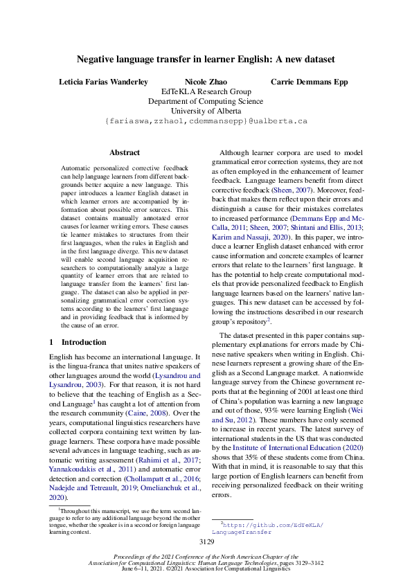 (PDF) Negative language transfer in learner English: A new dataset