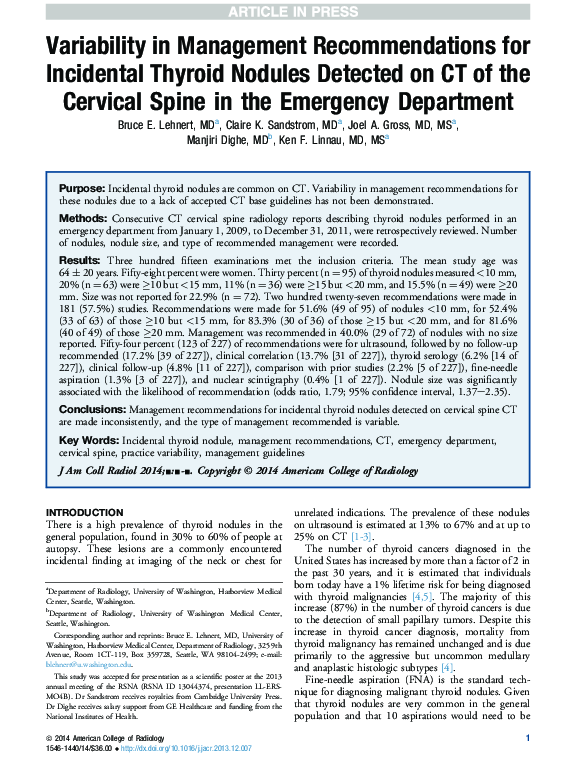 (PDF) Variability in Management Recommendations for Incidental Thyroid ...