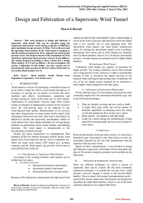 (PDF) Design and Fabrication of a Supersonic Wind Tunnel