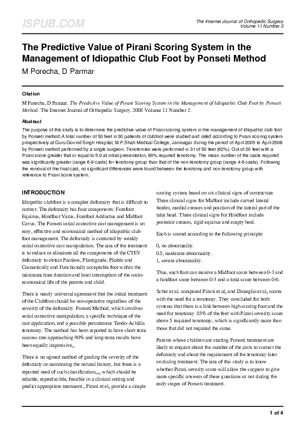 (PDF) The Predictive Value of Pirani Scoring System in the Management ...