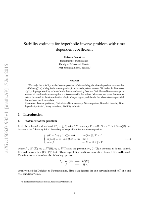 (PDF) Stability Estimate for Time-Dependent Hyperbolic Inverse Problems