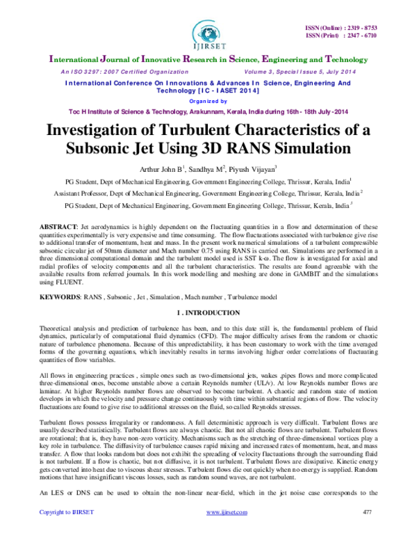 (PDF) Investigation of Turbulent Characteristics of aSubsonic Jet Using 3D RANS Simulation