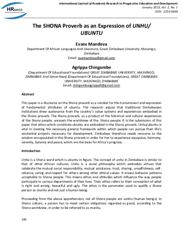 (PDF) The Shona Proverb as an Expression of Unhu/Ubuntu
