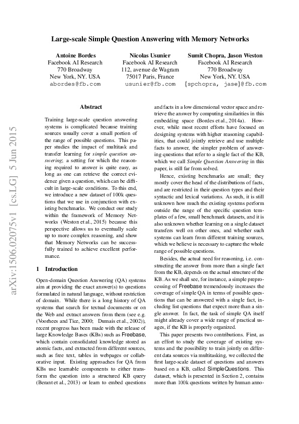 (PDF) Large-scale Simple Question Answering with Memory Networks