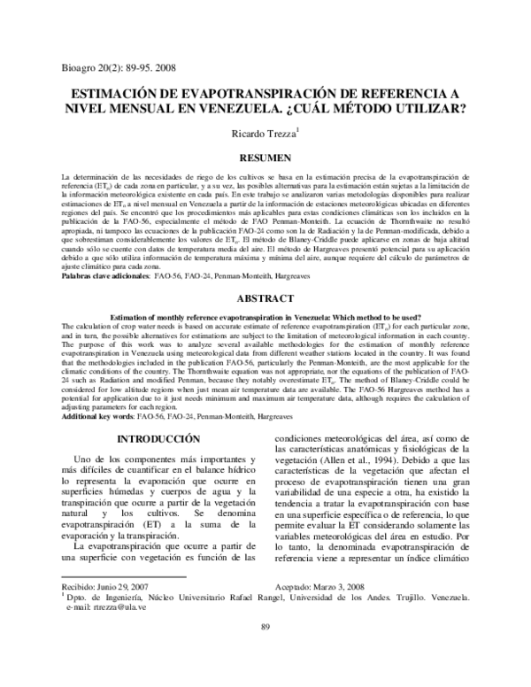(PDF) Estimación de evapotranspiración de referencia a nivel mensual en ...