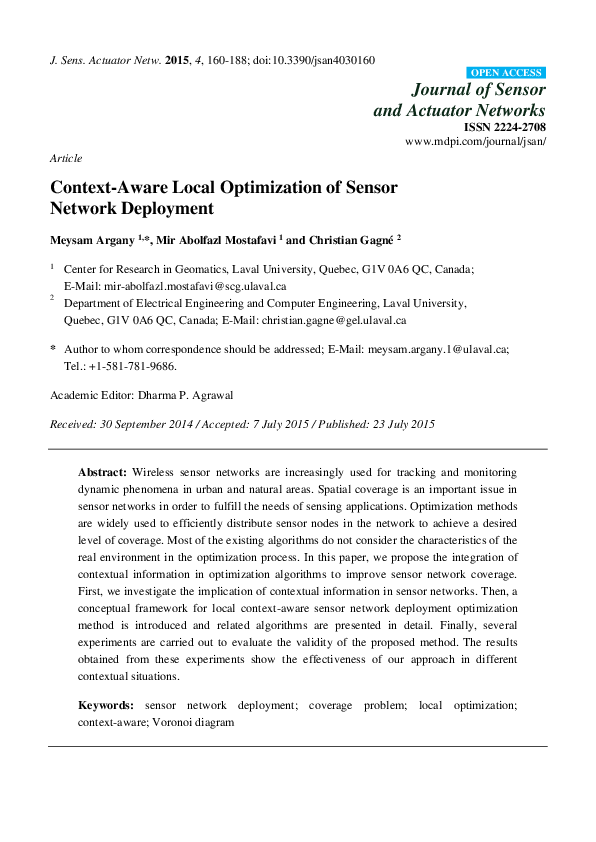 Pdf Context Aware Local Optimization Of Sensor Network Deployment