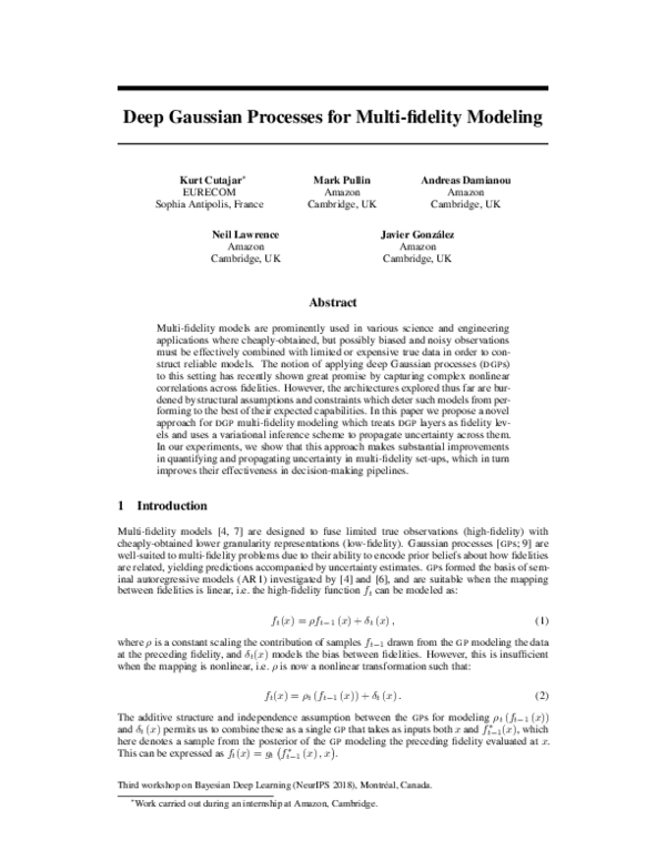 (PDF) Deep Gaussian Processes for Multi-fidelity Modeling