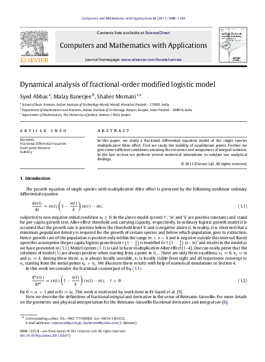 Pdf Dynamical Analysis Of Fractional Order Modified Logistic Model
