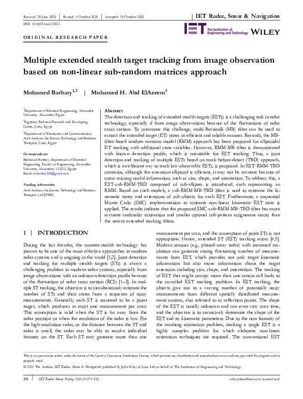 Pdf Multiple Extended Stealth Target Tracking From Image Observation Based On Non‐linear Sub