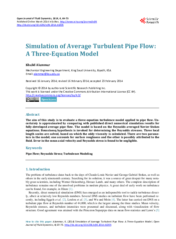 (PDF) Simulation of Average Turbulent Pipe Flow: A Three-Equation Model