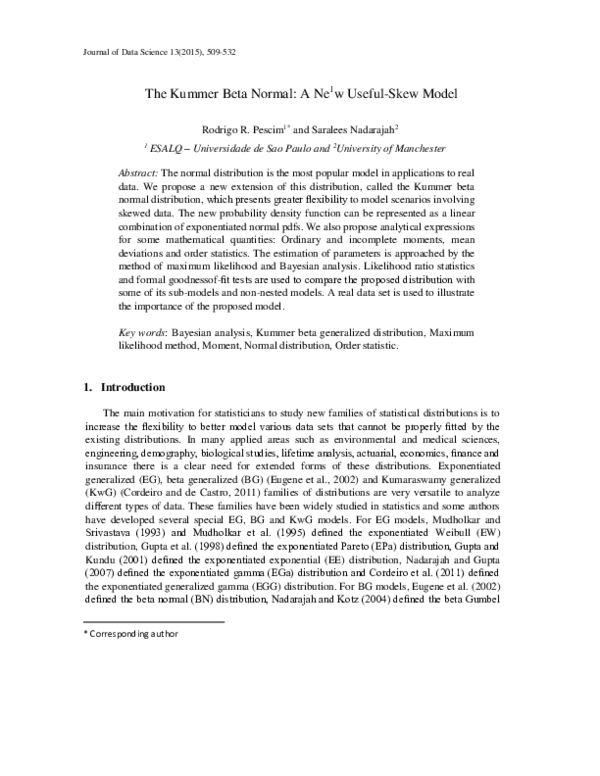 (PDF) The Kummer Beta Normal: A Ne1w Useful-Skew Model | Rodrigo Pescim - Academia.edu