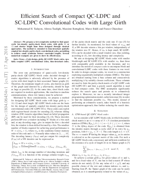 Pdf Efficient Search Of Compact Qc Ldpc And Sc Ldpc Convolutional Codes With Large Girth